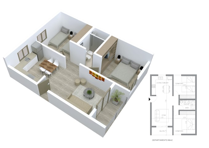 Convert a 2d floor plan to 3d by Eugeniavaca | Fiverr