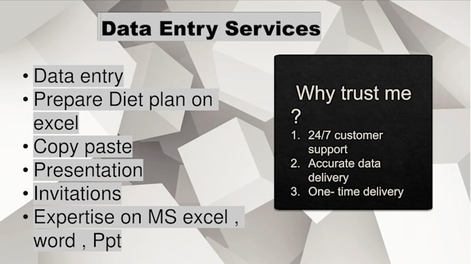 Do data entry , excel , typing , copy paste ,prepare diet plan on excel ...