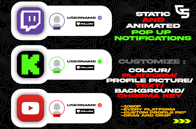 Make video animated follow pop up notification for kick,youtube,twitch ...
