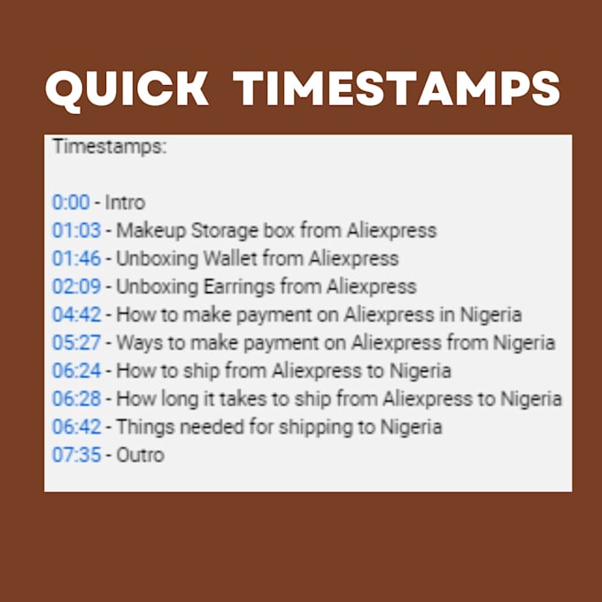 Do quick timestamps on your youtube video by Jenniferawurum | Fiverr