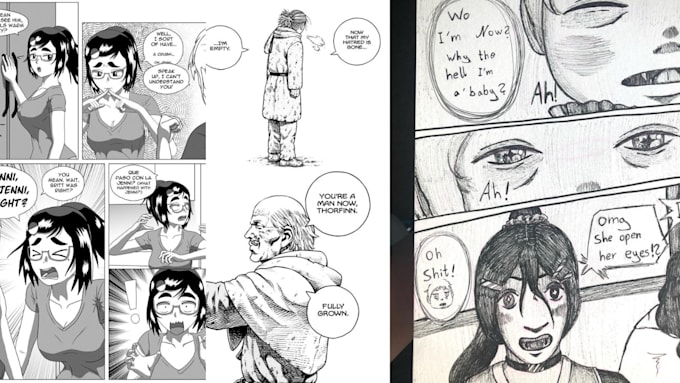 Draw a comic page, manga page, comic book, cover with anime character ...