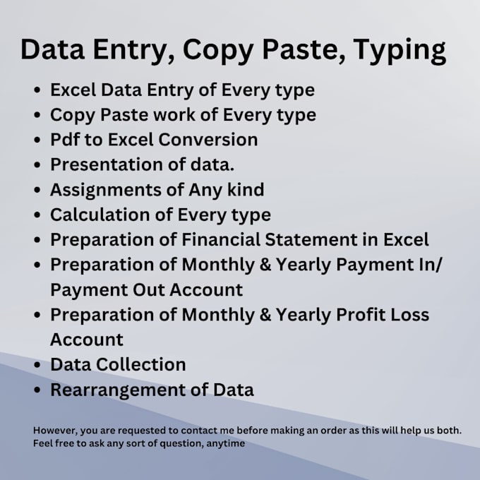 Do accurate data entry, copy paste and typing job by Mehwish_anwar | Fiverr
