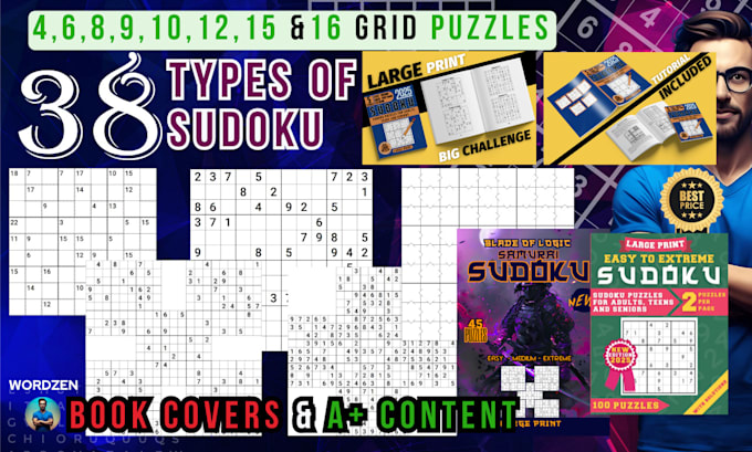 Make 1000 puzzles sudoku book and cover design amazon kdp by Wordzen | Fiverr