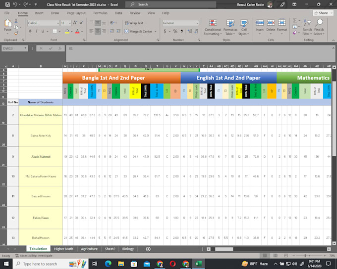 Create excel marksheet and report card for school by Robinsbd | Fiverr