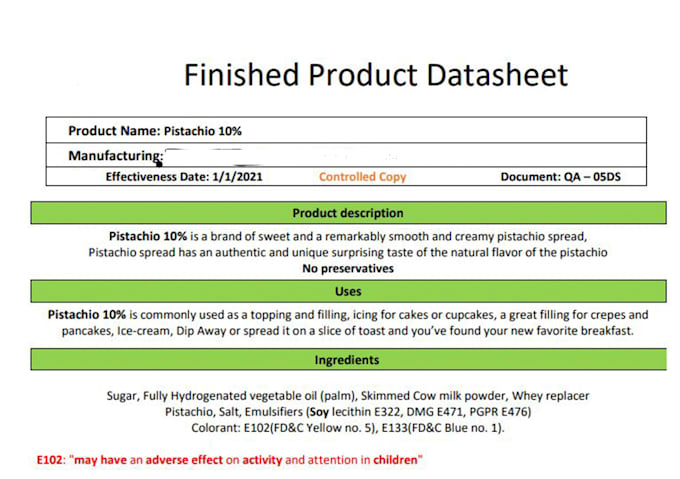 Create a nutrition facts and product datasheet according to usfda ...