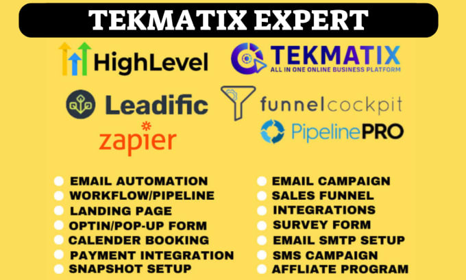 Set up tekmatix crm, ghl workflow, leadific, pipelinepro, and funnel cockpit by Glory_digitalz ...
