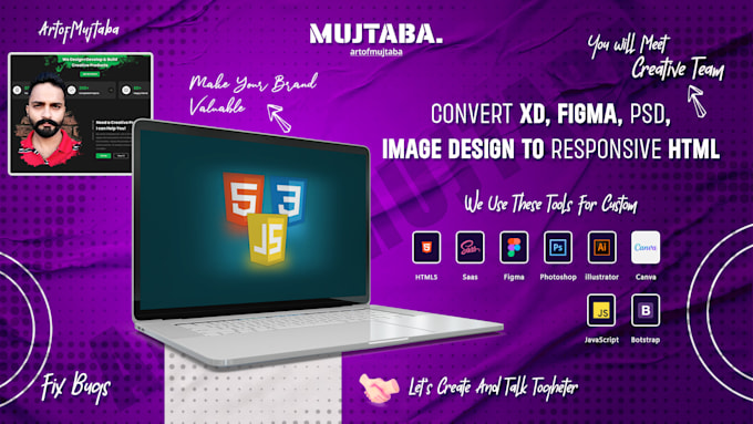 Convert xd, figma, psd, image design to responsive html