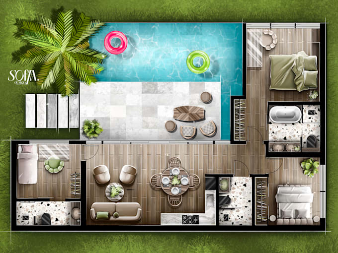 Draw a professional interior floor plan illustration by Sophieinart ...