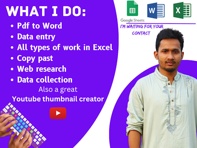 Do data entry, excel, pdf to word, web research, thumbnail make, data ...