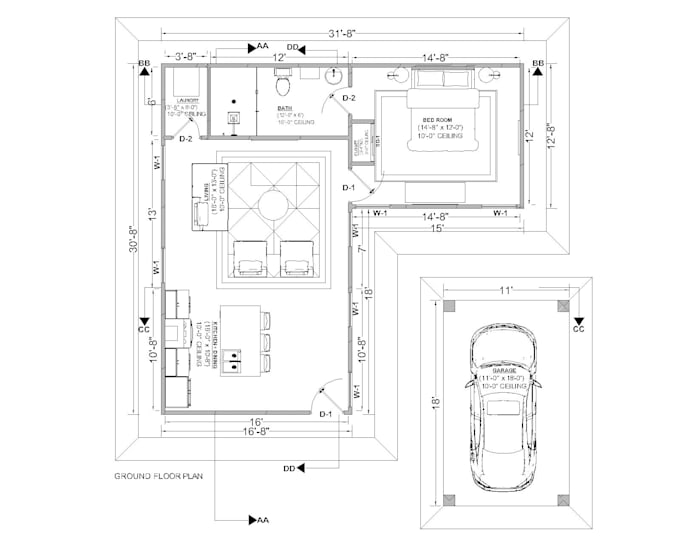 Draw architectural floor plan, elevation, section in autocad by Ateeqanwarkamal | Fiverr