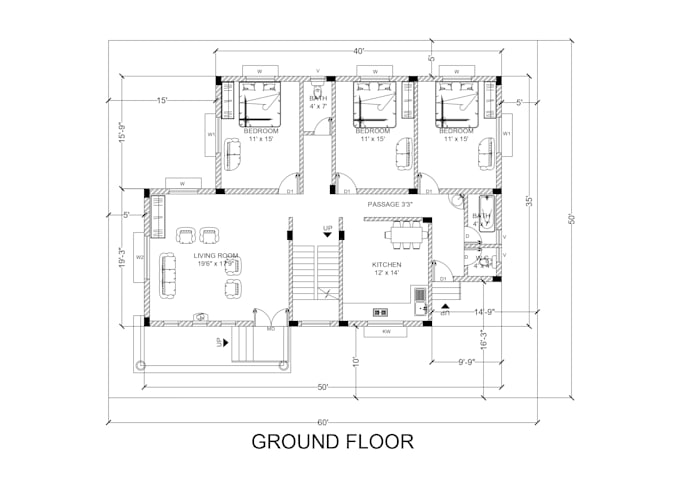 Draw 2d architectural floor plan in autocad by Furqan_ahmed_53 | Fiverr