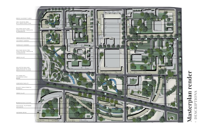 Render architectural masterplan, floor plan, elevation, and section ...