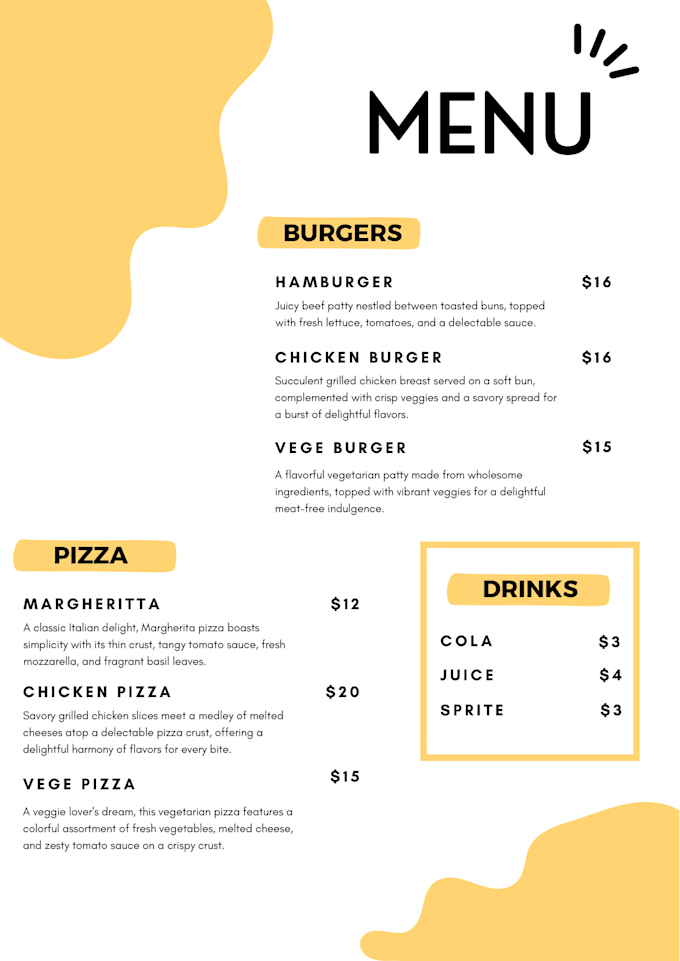 Design a digital eye catching menu design by Manaswi26 | Fiverr