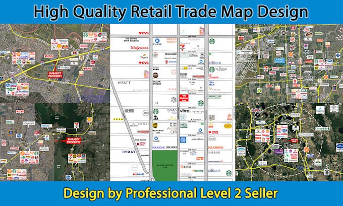 Create a commercial retail trade aerial map with specific logo labels ...