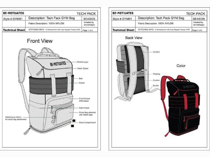 Design and create tech pack for bags, handbags, tote bags, purses, and ...