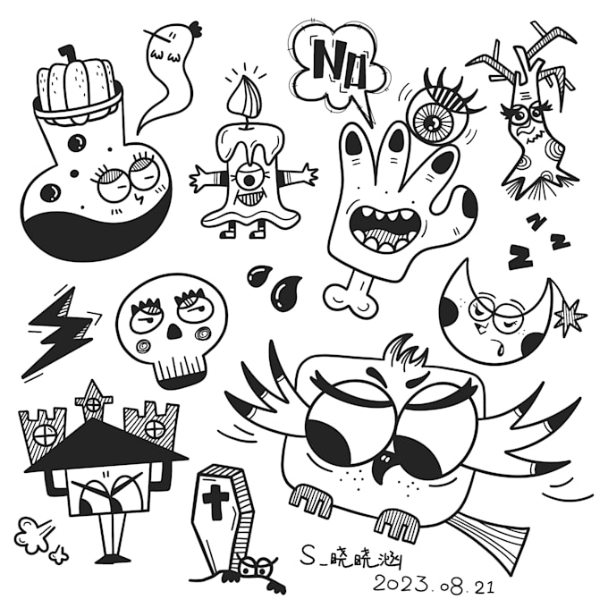 Create black and white hand drawn creative line art, doodles, graphics ...