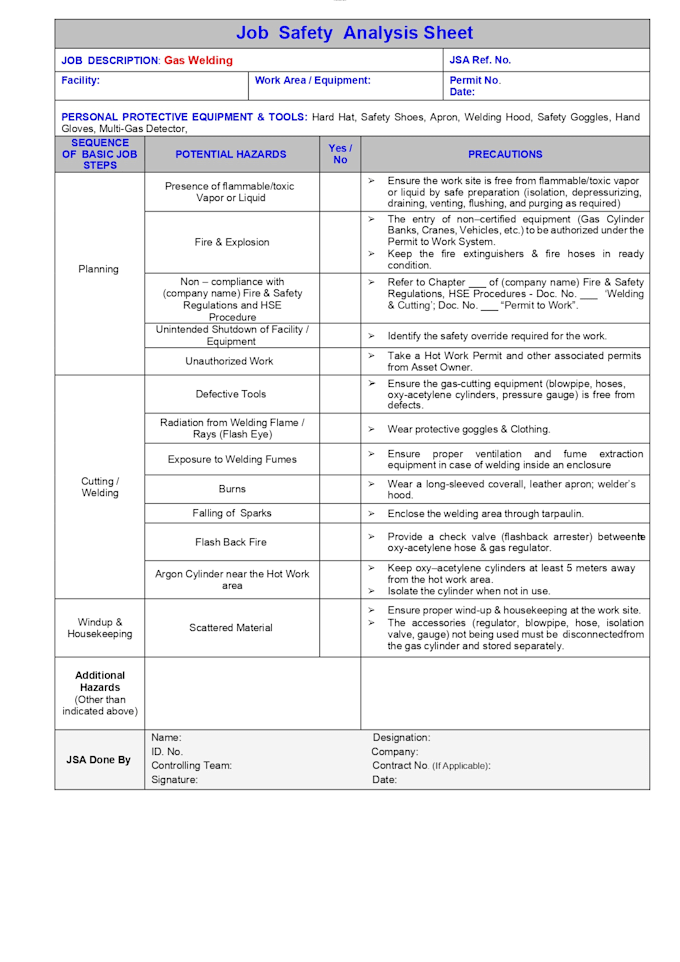 Prepare jsa, msds, ptw, risk assessments, hse checklists by Mech ...