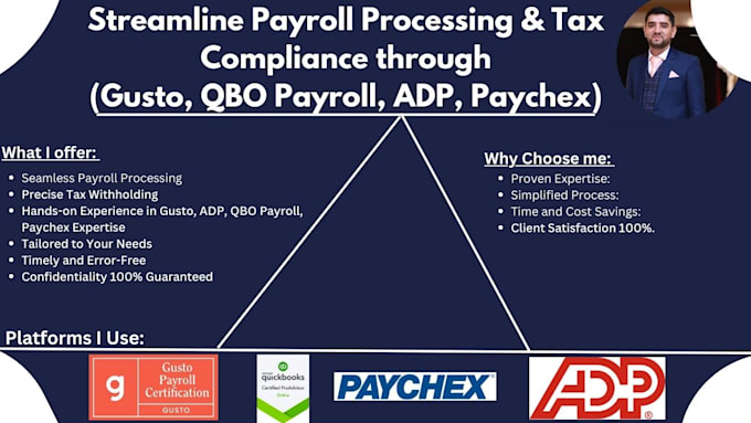 Implement payroll softwares gusto adp qbo, and ensure tax compliance by ...