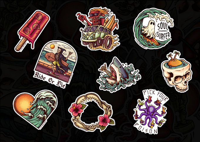 Illustrate stippled stickers and labels by Sckr_pnch | Fiverr