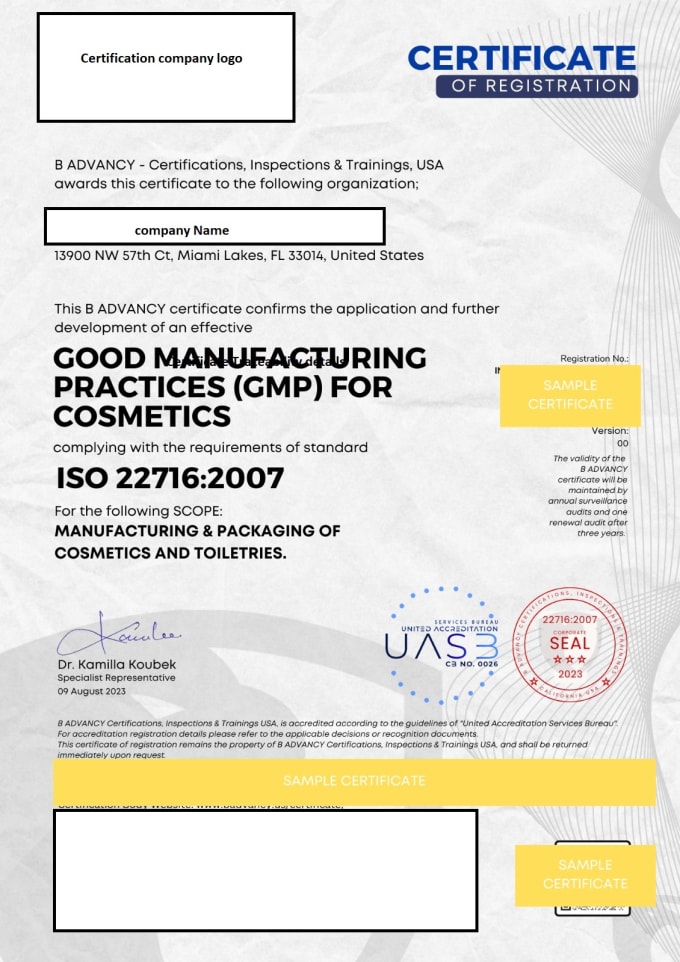 Give you iso 22716 gmp documentation with a traceable certificate by Drshani31 | Fiverr