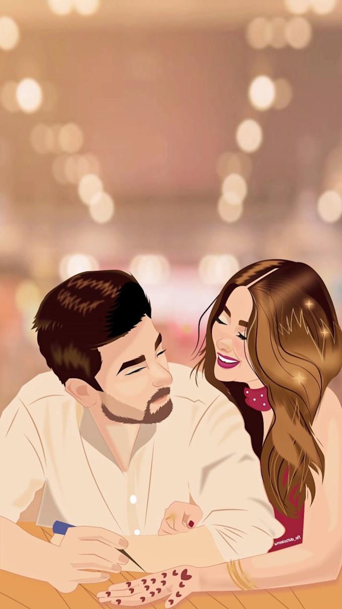 Draw cute couple illustration and weeding portrait by Uswaa_design | Fiverr