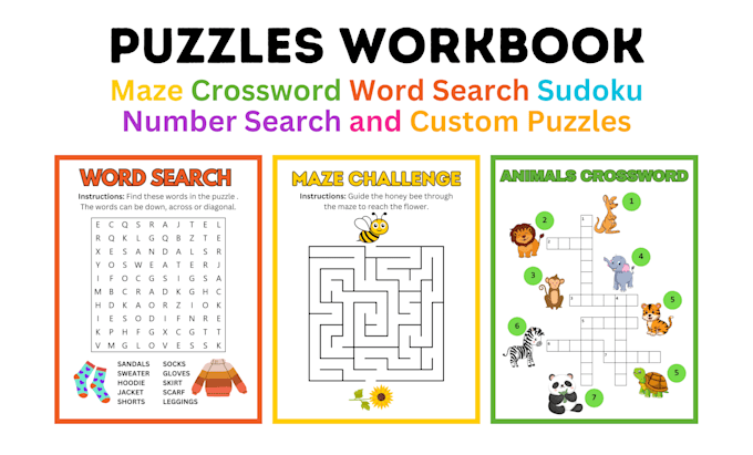 Design maze crossword sudoku word search puzzles workbook or kids ...
