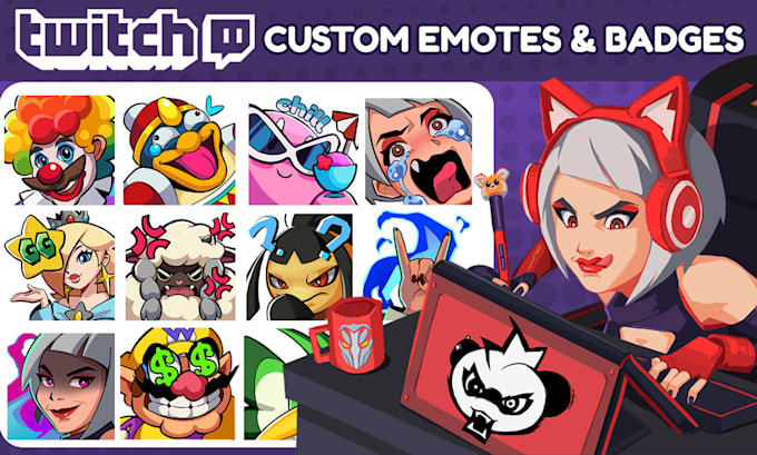Draw custom twitch emotes and sub badges by Greypandaart | Fiverr
