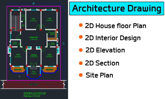 Do autocad 2d house floor plan,section,elevation and redrawing by ...