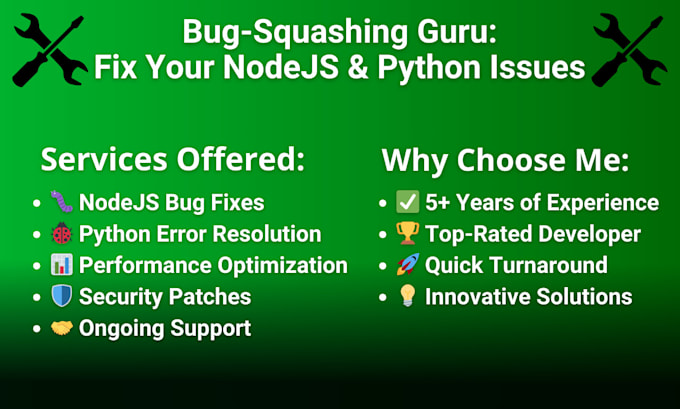 Fix bugs in your nodejs and python projects by Luisparada761 | Fiverr