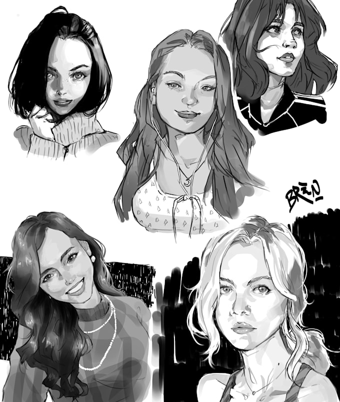 Draw black and white bust up sketch by Bren39 | Fiverr