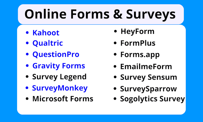 Create gravity forms, survey monkey, kahoot, qualtric, questionpro ...
