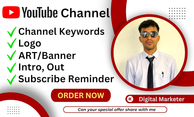 Create, banner, setup yt channel with logo, intro, channel keyword by ...