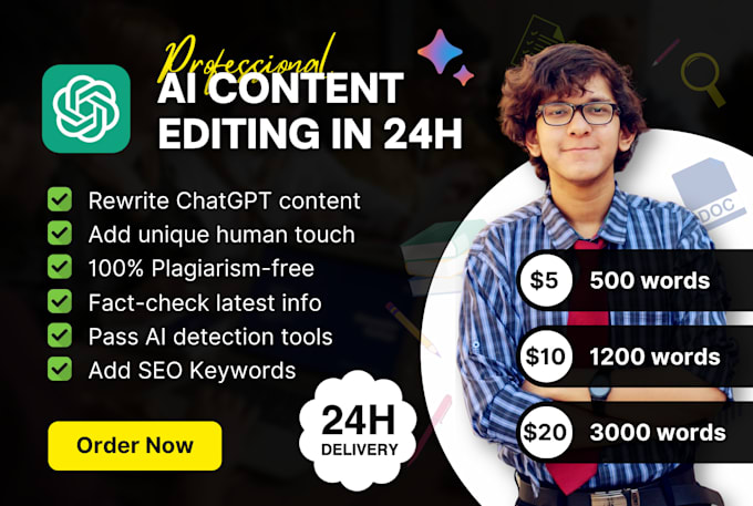 Do ai content editing, rewriting and fact checking for chatgpt with human touch by Hameezi | Fiverr