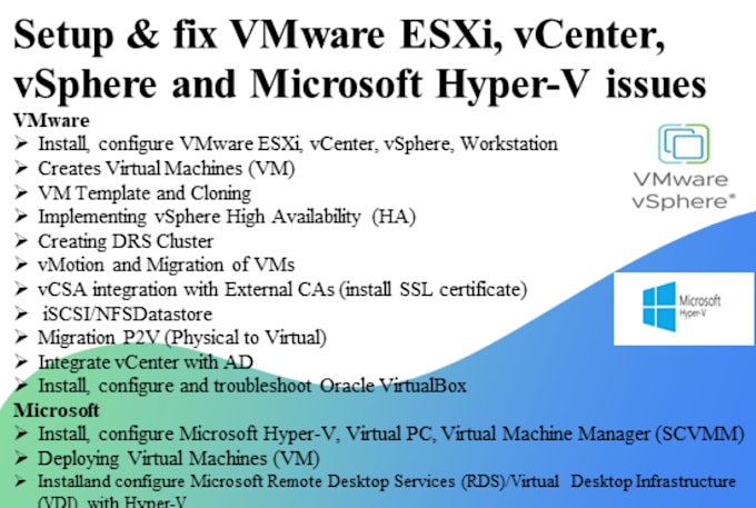 Setup and fix vmware esxi, vcenter, vsphere ha and microsoft hyper v ...