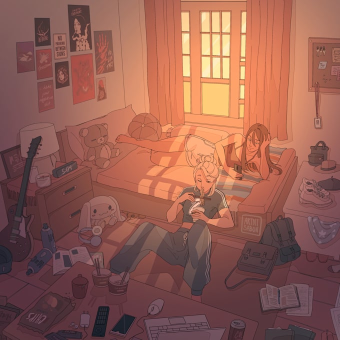 Draw cozy illustrations with backgrounds by Artnisabon | Fiverr
