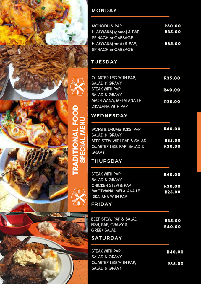 Do posters and food menu and company logo by Kamohelomoko3na | Fiverr