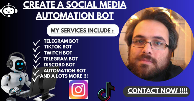 Create tiktok live streaming bot, twitter bot, twitch bot, telegram bot ... Create tiktok live streaming bot, twitter bot, twitch bot, telegram bot ...