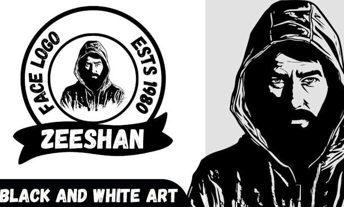 Black and white vector face portrait logo, design by Zeeshanyo | Fiverr