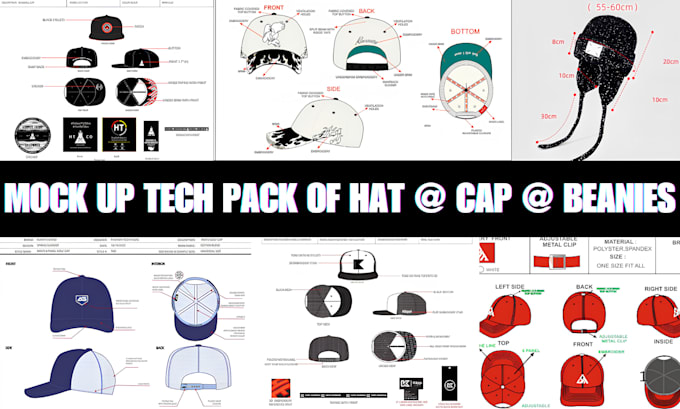 Do hat and cap tech pack, bucket hat, trucker, dad cap with flat sketch ...