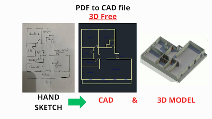 Convert hand sketch or pdf to dwg file with a free 3d model by Manel_lbd | Fiverr