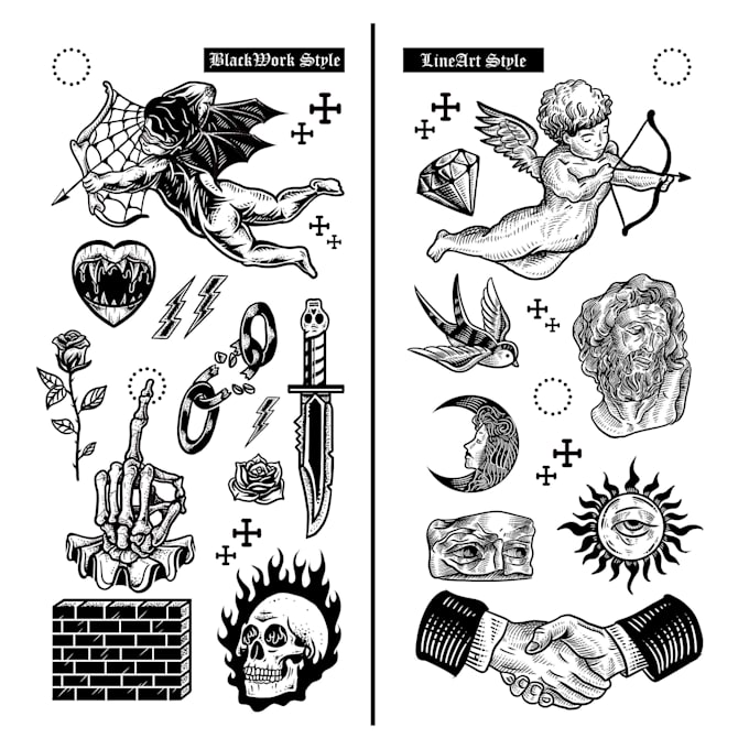 Create flash tattoo art set, black work, vintage, dark style by ...