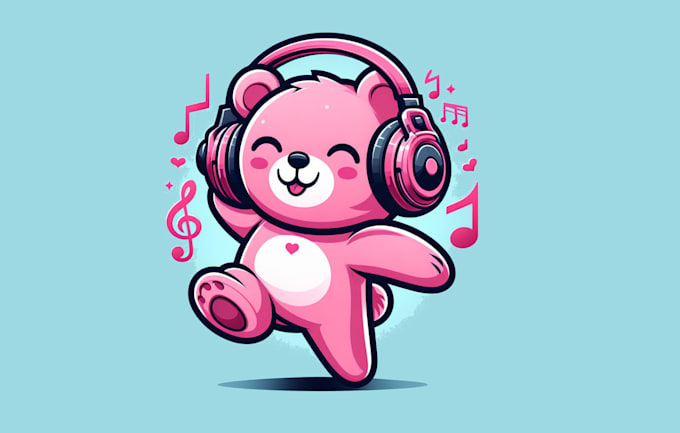 Do pink bear with big headphones and music notes dancing mascot logo ...
