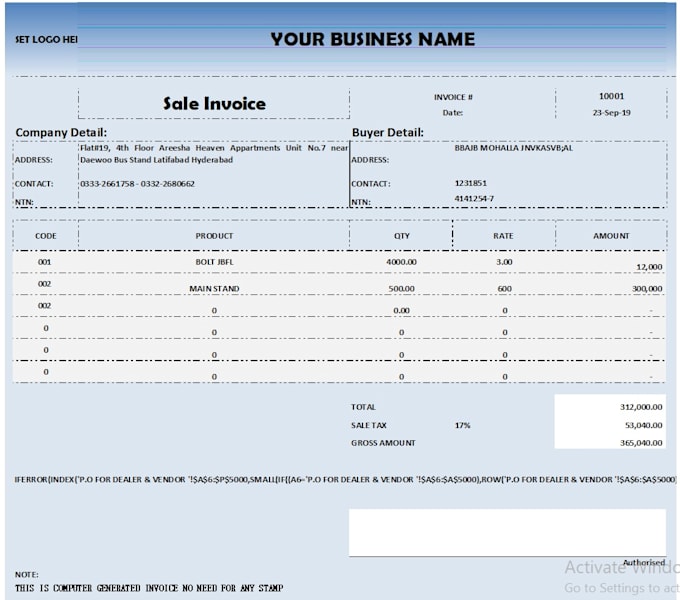 Make auto invoices generating system in ms excel by Shahbazhameed | Fiverr