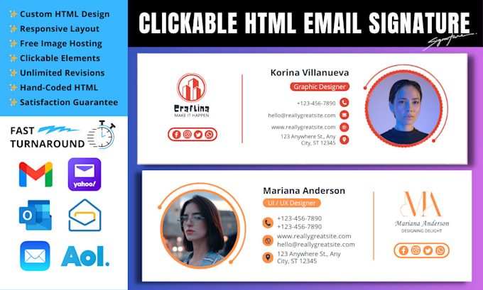 Create professional custom unique clickable html email signature, gmail outlook by Craftmarvel ...