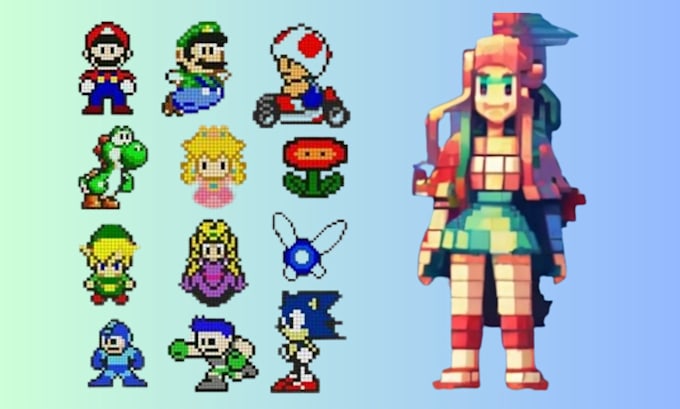 Create 8bits or 16 bits pixel character, sprite sheet pixel art ...