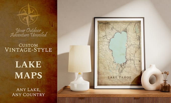 Design a custom lake map in vintage, old style, poster wall map, any ...