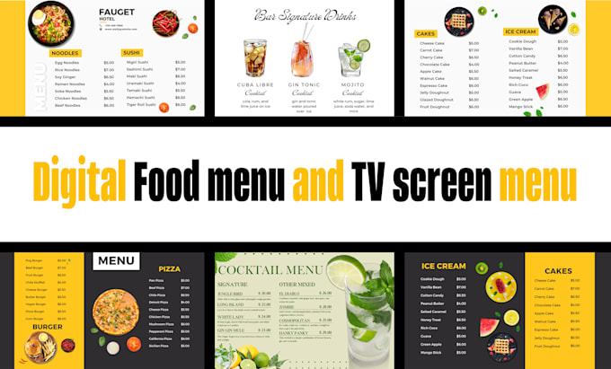 Diseñar menú de comida digital y menú de pantalla de tv
