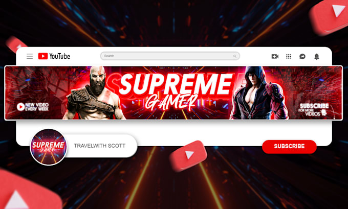 Create an epic unique youtube banner, linked, facebook, twitch, kick ...