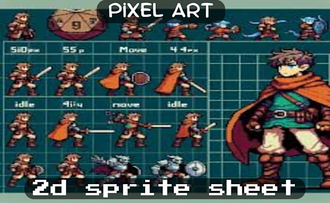 Draw 2d pixel game art, pixel art, 2d sprite sheet