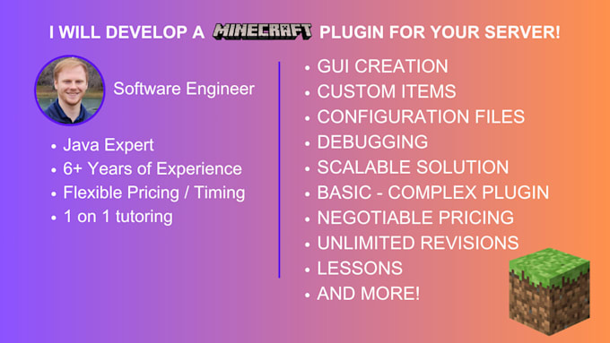 Develop a minecraft plugin for your server by Derekgauger | Fiverr